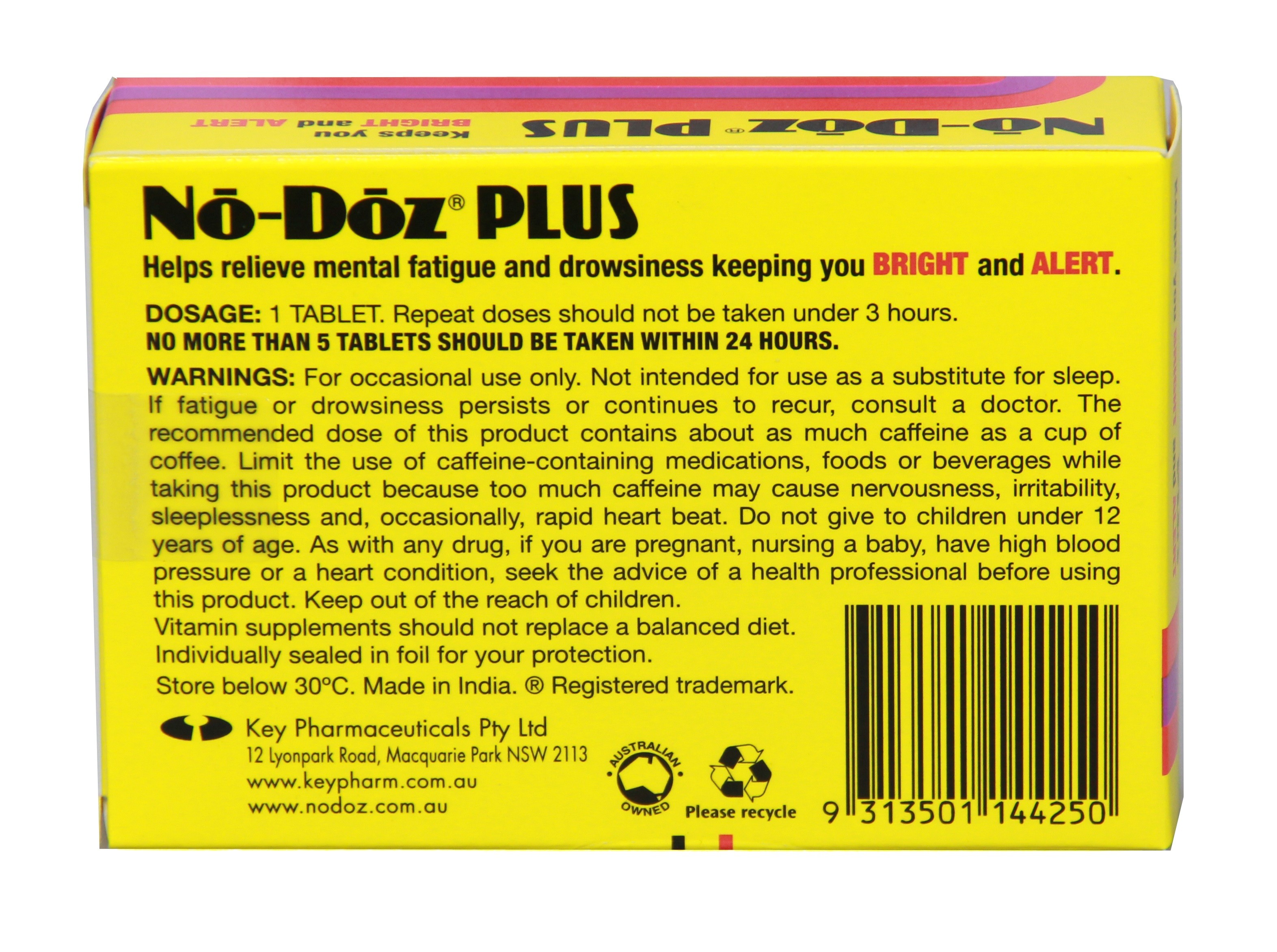 NO Doz Plus (Yellow) PeleGuy Distribution Pty Ltd 1300 377 341