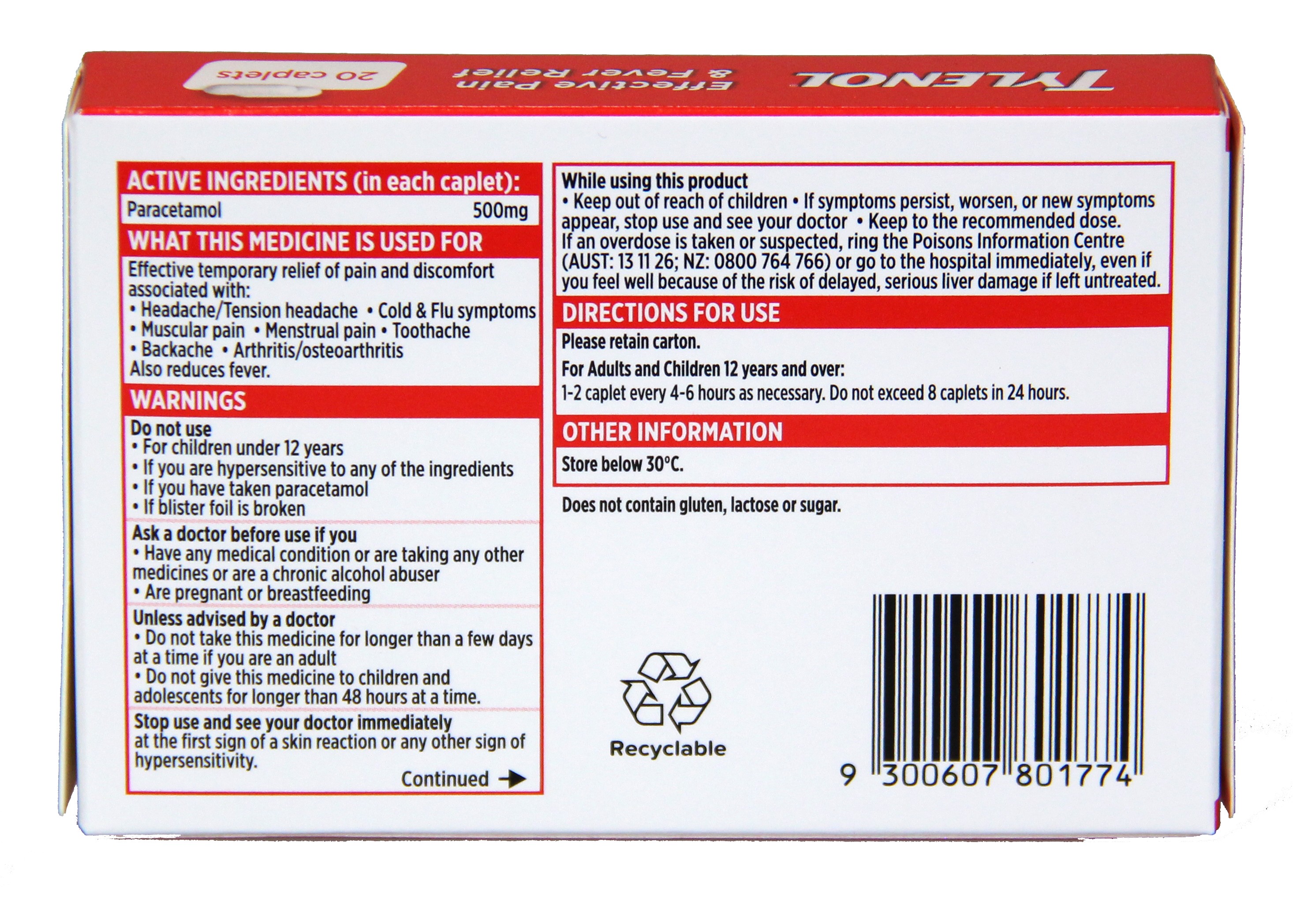 Tylenol 20 Caplets SINGLE PACK PeleGuy Distribution Pty Ltd 1300 377 341